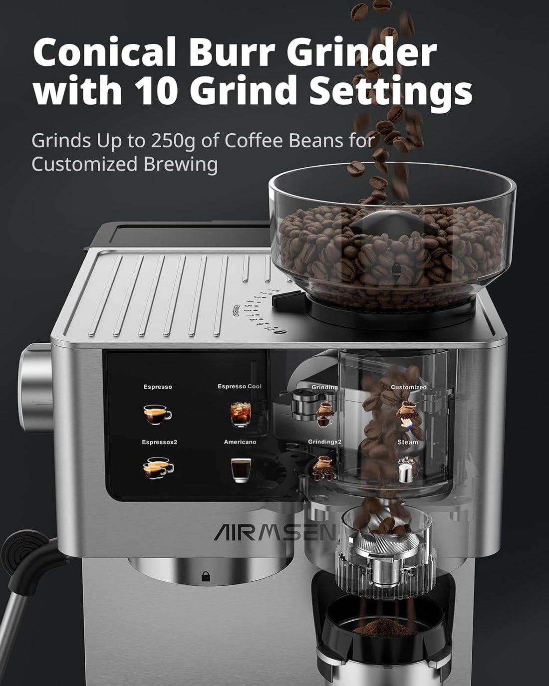 AIRMSEN Espresso Machines with Burr Grinder, 20 Bar, Milk Frother Steam ...